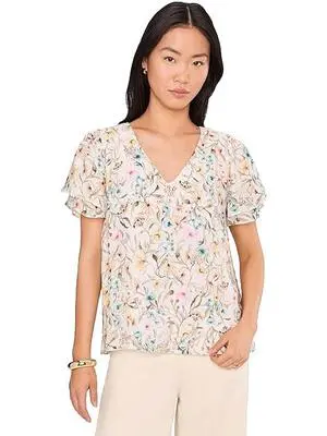 Vince Camuto Floral Print V-neck Tulip Sleeve Blouse - White
