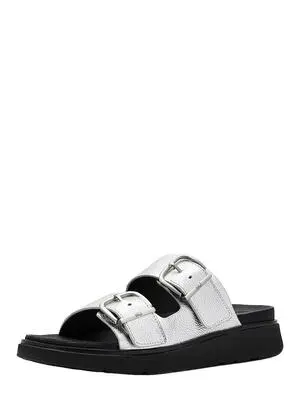Fitflop Gen Ff Buckle Tumbled Leather Two Bar Slides Wedge Shoes - Silver