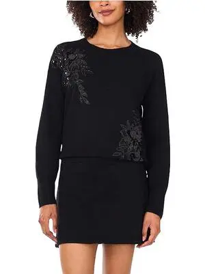 Vince Camuto Embellished Long Sleeve Crew Sweater - Black