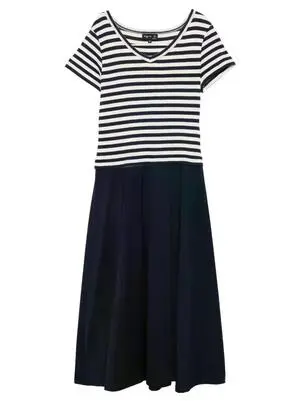 AGNES B. Striped Midi Dress With V-neck And Logo Patch - Blue