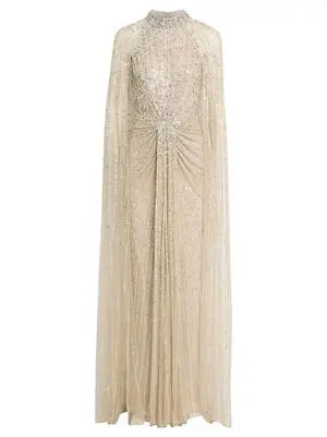 Jenny Packham Embellished Tulle Cape Gown - Ecru