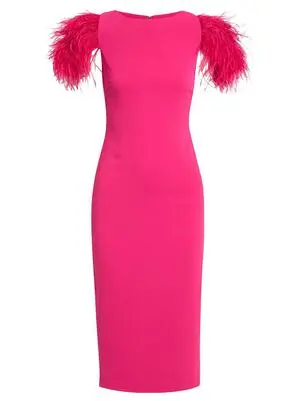 Badgley Mischka Feather Trimmed Crepe Dress - Fuchsia