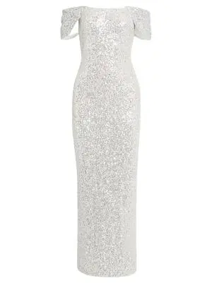 Badgley Mischka Off-the-shoulder Sequin Embellished Mesh Gown - Silver