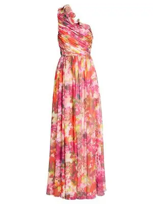Badgley Mischka One-shoulder Floral Chiffon Maxi Dress - Pink