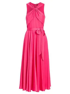 Badgley Mischka Twisted Hammered Satin Midi Dress - Fuchsia