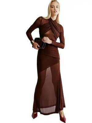Bardot Marice Wrap Mesh Maxi Dress - Chocolate