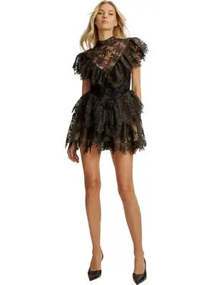 Bardot Tarryn Ruffle Lace Mini Dress - Black
