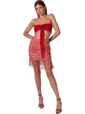 Bardot Sabri Sequin Mini Skirt With Beaded Fringe - Multipink