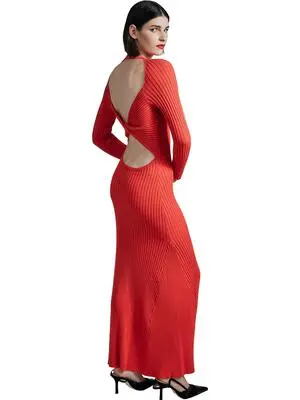 Bardot Amaro Maxi Knit Dress With Open Back Detail - Fire Red