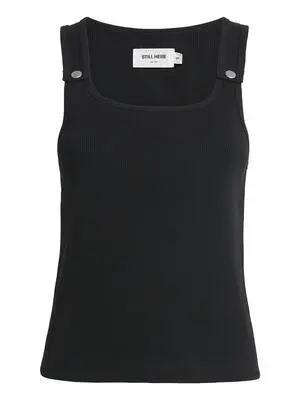 Still Here Ribbed Stretch Cotton Snap Tank Top - Black
