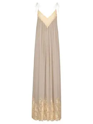 Saint Laurent Gathered Silk Crepe Muslin And Lace Maxi Dress - Gris Perle