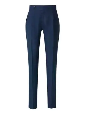Scabal Navy Linen Pleated Side-adjuster Trousers - Blue