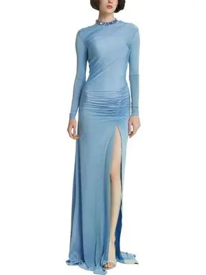 2310 STUDIO Ruched Detail Side Slit Maxi Dress - Blue