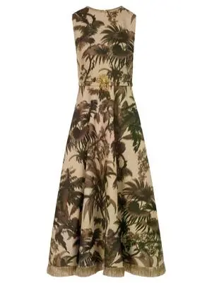 Oscar De La Renta Oscar De La Renta Chiné Palm Leaves Sleeveless Jewel Neck Dress With Belt Neutrals