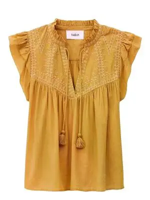 Ba&sh Embroidered Ruffled Blouse - Yellow