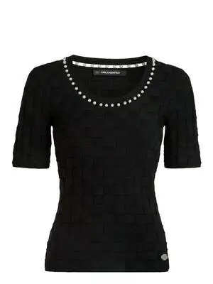 Karl Lagerfeld Pearl-embellished Basket-weave Top - Black
