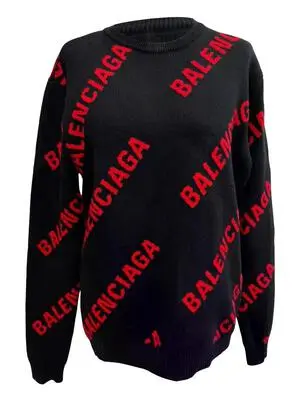 Balenciaga Allover Logo Jacquard Knit V-neck Sweater - Black