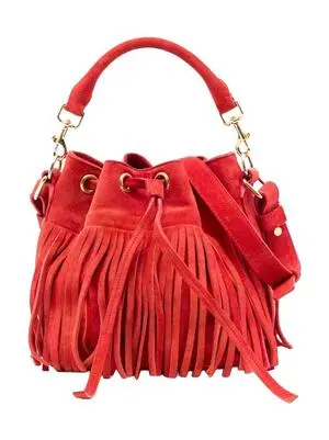 Saint Laurent Suede Fringe Bucket Bag Satchel - Red