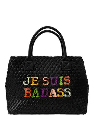 LILLY LOVES Je Suis Badass Embroidered Woven Vegan Leather Bag - Black