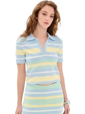 SEROYA Striped Collared Short Sleeve Knit Top - Pastel Stripe