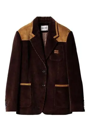 Miu Miu Corduroy Blazer With Leather Logo - Brown