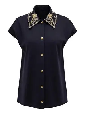 EXQUISE Sleeveless Knit Top With Shirt Collar And Embroidery - Black