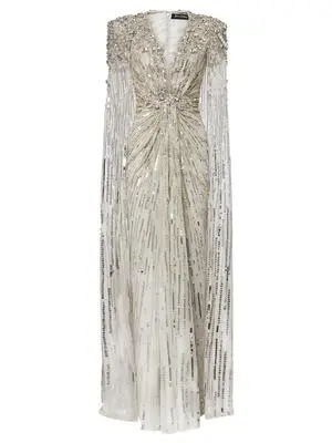Jenny Packham Embellished Gown With Cape Effect - Silver