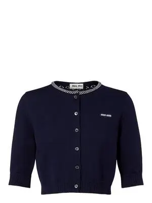 Miu Miu Cropped Cotton Cardigan With Logo - Blue