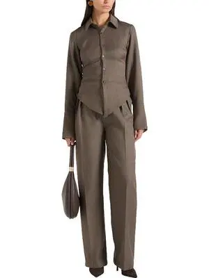 Manière De Voir Houndstooth Cinch Shirt With Pointed Collar And Angular Hem - Brown