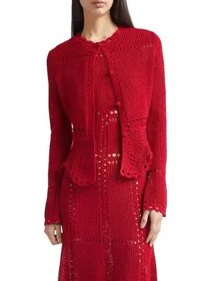 Erdem Open Knit Peplum Cardigan - Ruby Red