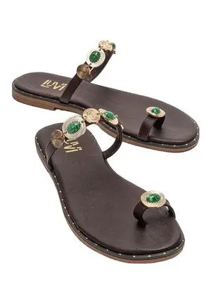 FOREVER & ALWAYS SHOES Martinez Leather Thong Sandal With Metal And Stone Detailing - Brown