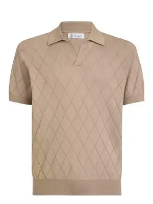 Brunello Cucinelli Cotton Textured Argyle Lightweight Knit Polo Shirt - Neutrals