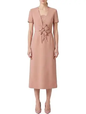 Valentino Garavani Midi Sheath Dress In Wool And Silk With Flower Appliqu - Pink
