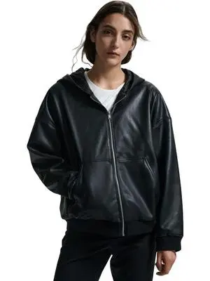 H&M Oversized Coated Hooded Jacket With Zip Closure - Black