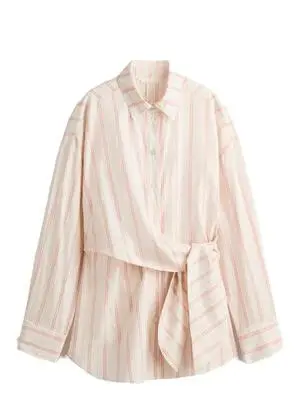 H&m Tie-detail Cotton Shirt - Light Beige/striped