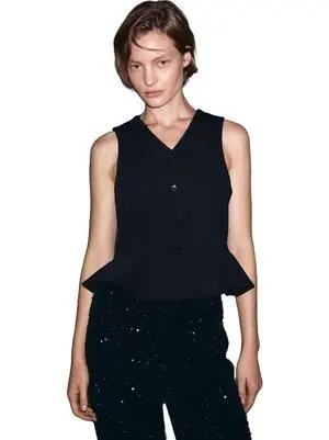 H&m V-neck Peplum Waistcoat - Black