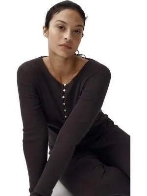 H&m Ribbed Henley Top With Buttons - Dark Brown