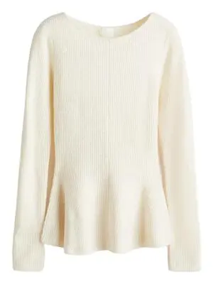 H&m Rib-knit Peplum Top With Boat Neckline - Cream