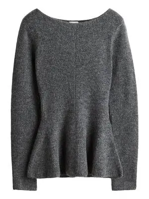 H&m Rib-knit Peplum Top With Boat Neckline - Dark Gray