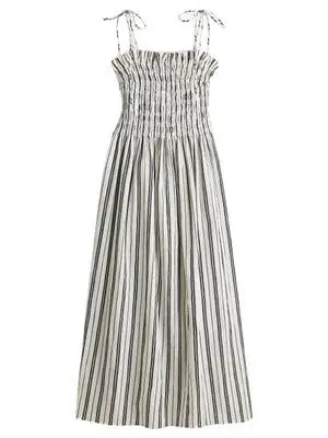 H&m Smocked Bodice Tie-strap Striped Midi Dress - White/striped
