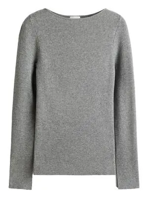 H&m Rib-knit Boat Neck Long Sleeve Top With Cuffed Slits - Gray Melange
