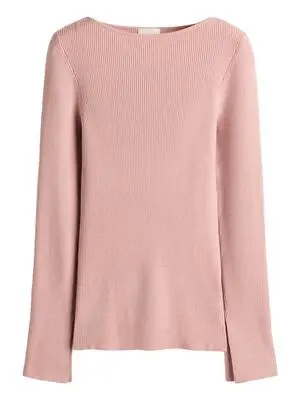 H&m Rib-knit Boat Neck Long Sleeve Top With Cuffed Slits - Light Pink
