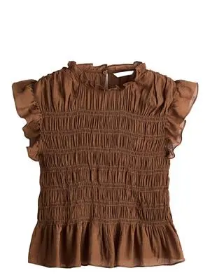 H&m Smocked Peplum Top With Frill Collar - Brown