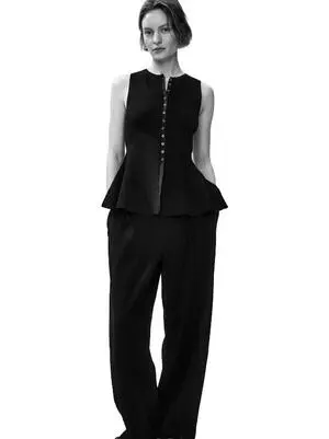 H&m Rib-knit Peplum Waistcoat With Button Front - Black