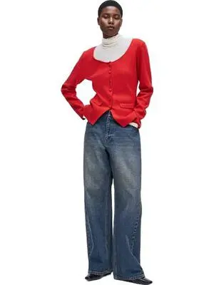H&m Fitted Rib-knit Cardigan With Scoop Neck - Red