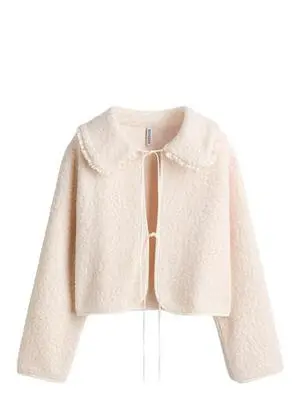 H&m Collared Bouclé Cardigan With Frill Trim - Cream