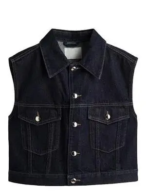 H&m Cropped Denim Waistcoat - Dark Denim Blue