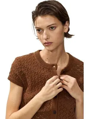 H&m Cap-sleeved Pointelle Knit Cardigan - Brown