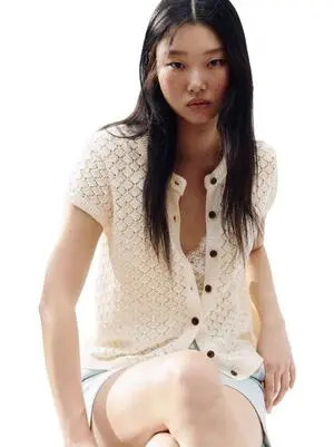 H&m Cap-sleeved Pointelle Knit Cardigan - Light Beige