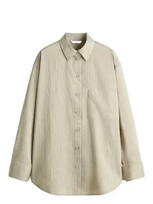 H&m Oversized Shirt With Classic Collar And Button-up Front - Khaki Beige/pinstriped